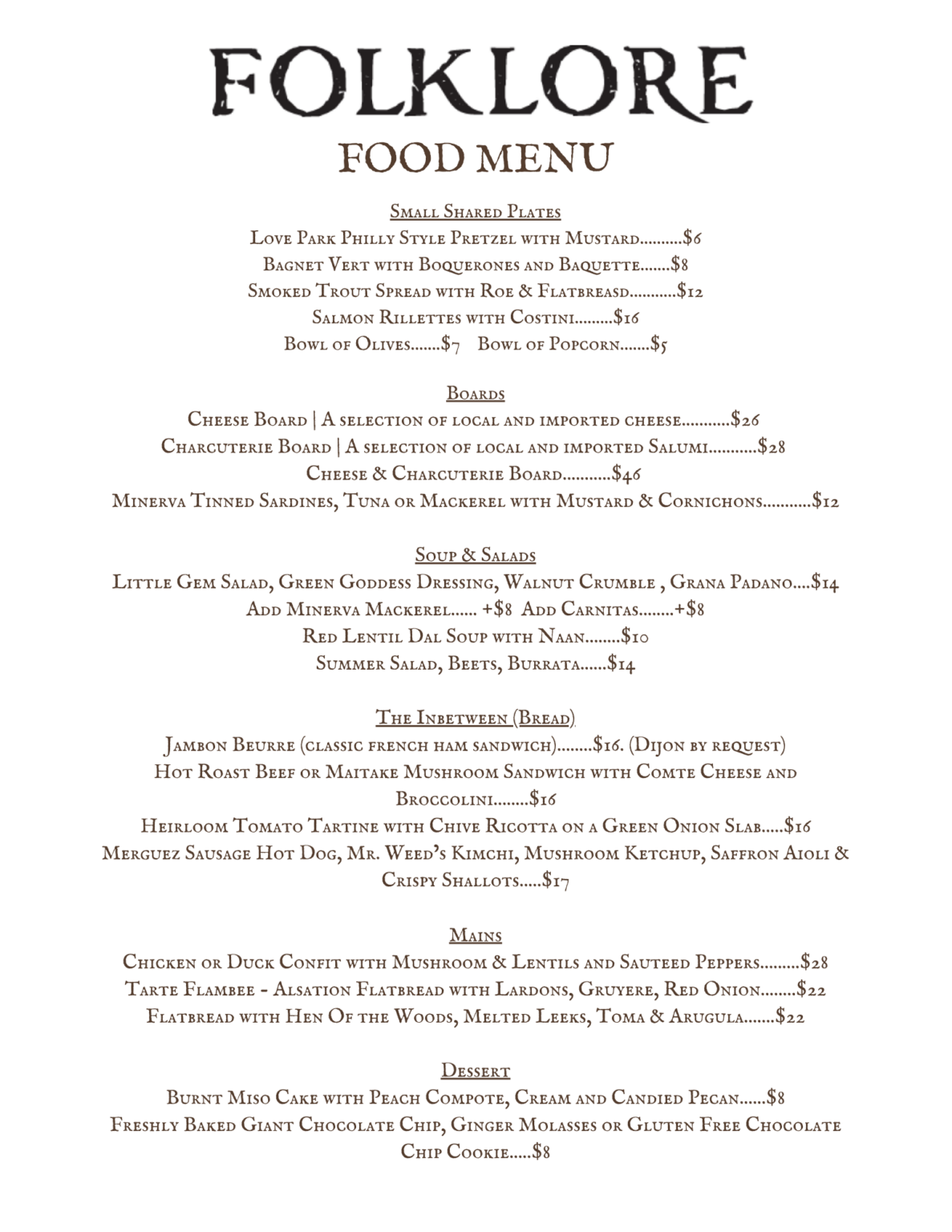 Food menu - Folklore Napa