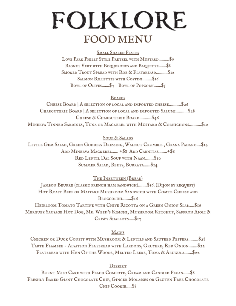 Food menu - Folklore Napa